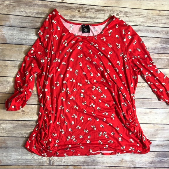 Tops | Red Floral Top With Button Tab Sleeves | Poshmark